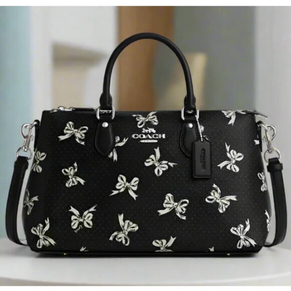 Coach | Bags | Coach Georgia Satchel Bag Large Black Leather Bow Print ...